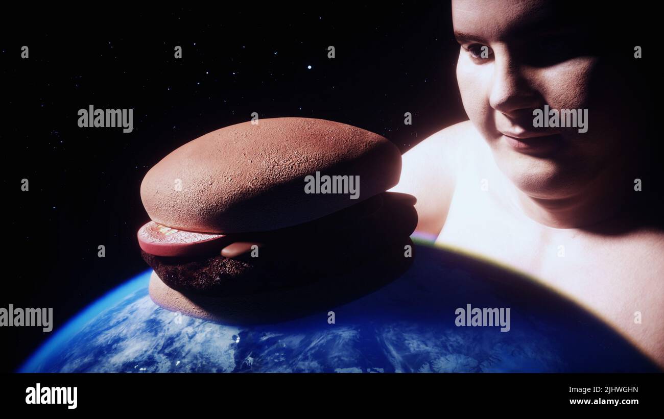 the fat man holds the earth in his hands. Obesity problem concept. 3d ...