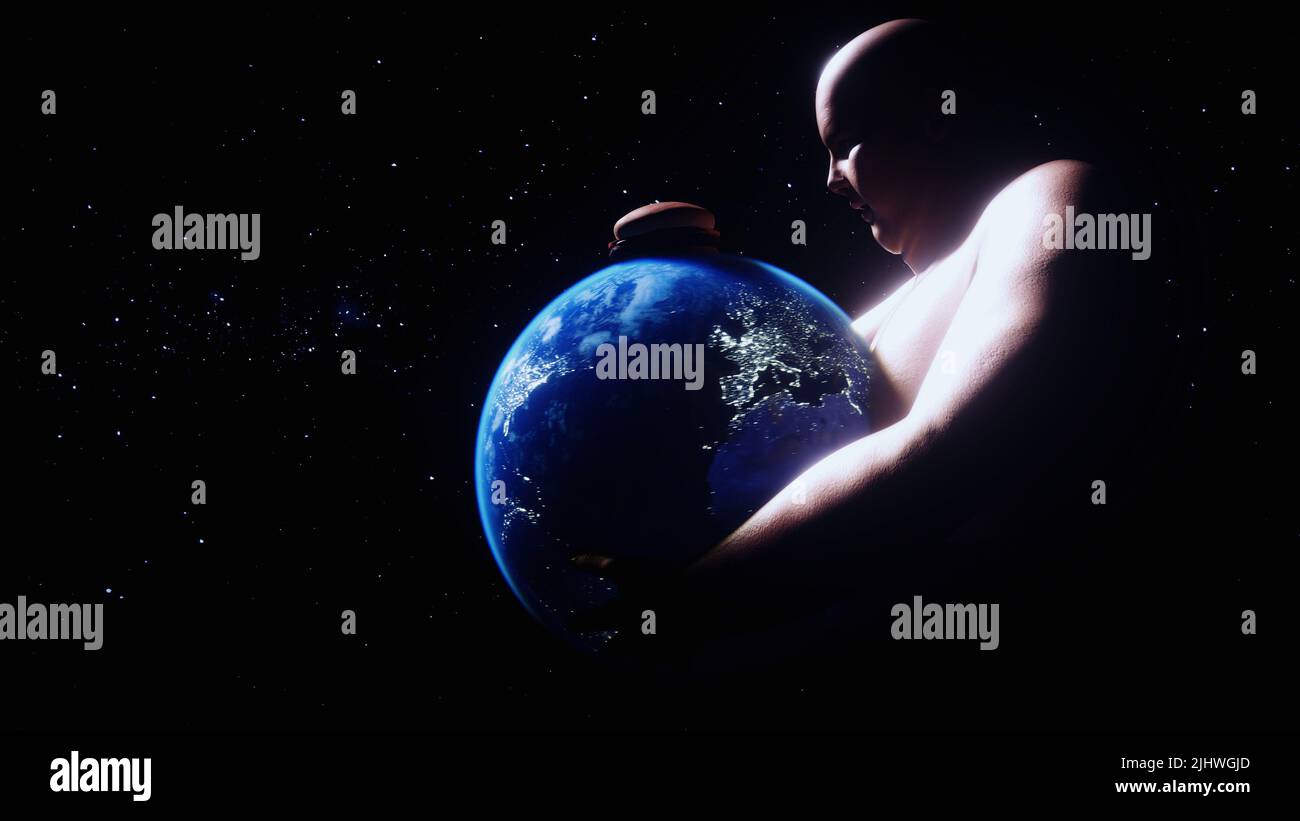 the fat man holds the earth in his hands. Obesity problem concept. 3d ...