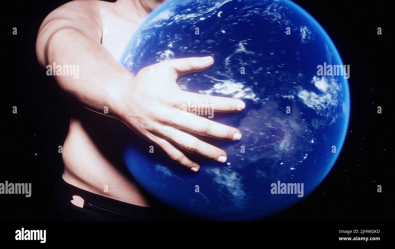 the fat man holds the earth in his hands. Obesity problem concept. 3d ...