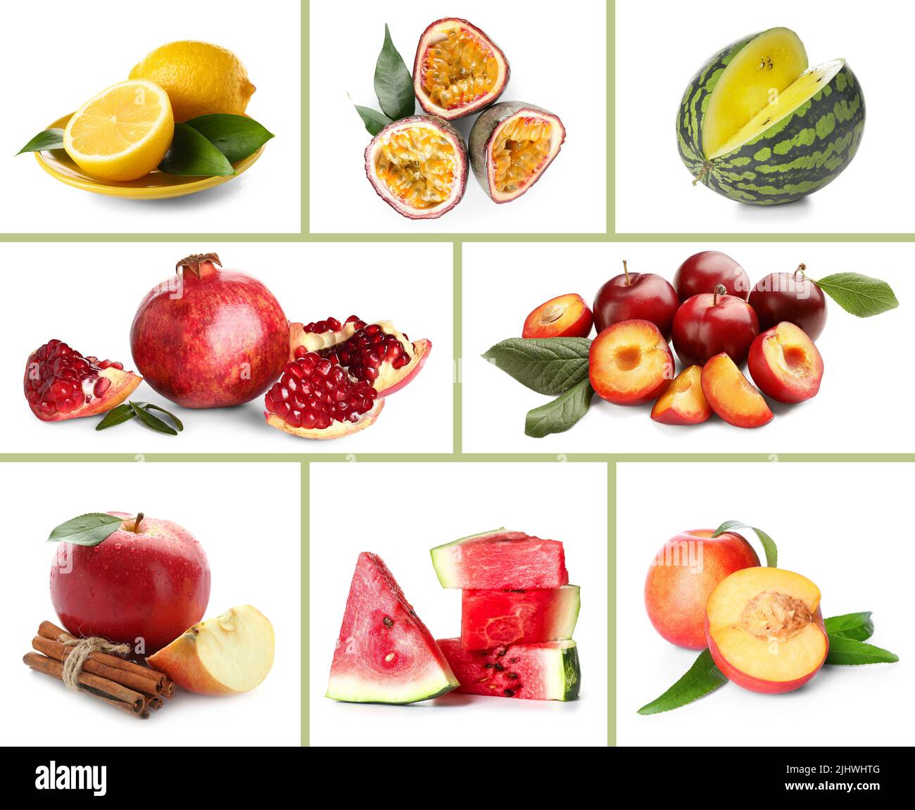 Collage with different ripe fruits on white background Stock Photo - Alamy