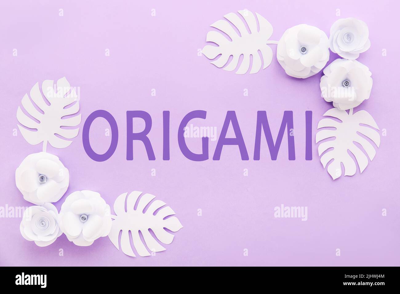 Beautiful handmade paper flowers, tropical leaves and word ORIGAMI on ...