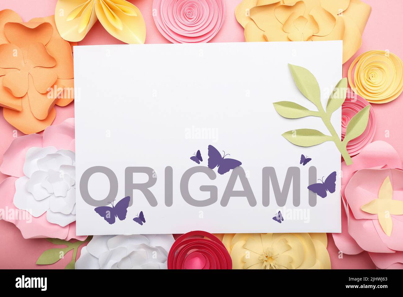 Beautiful handmade paper flowers and card with word ORIGAMI on pink ...