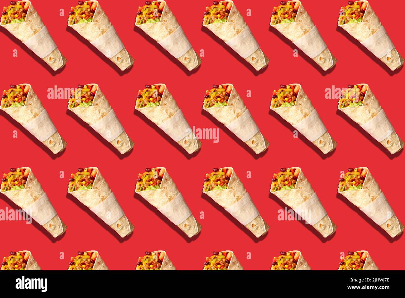 Many delicious burritos on red background. Pattern for design Stock ...