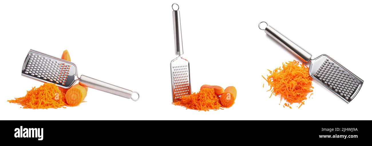 Set of metal graters with cut fresh carrot on white background Stock ...
