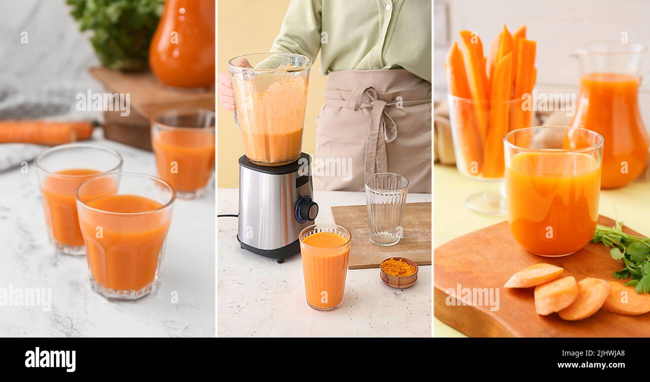 Collage tasty carrot juice hi-res stock photography and images - Alamy