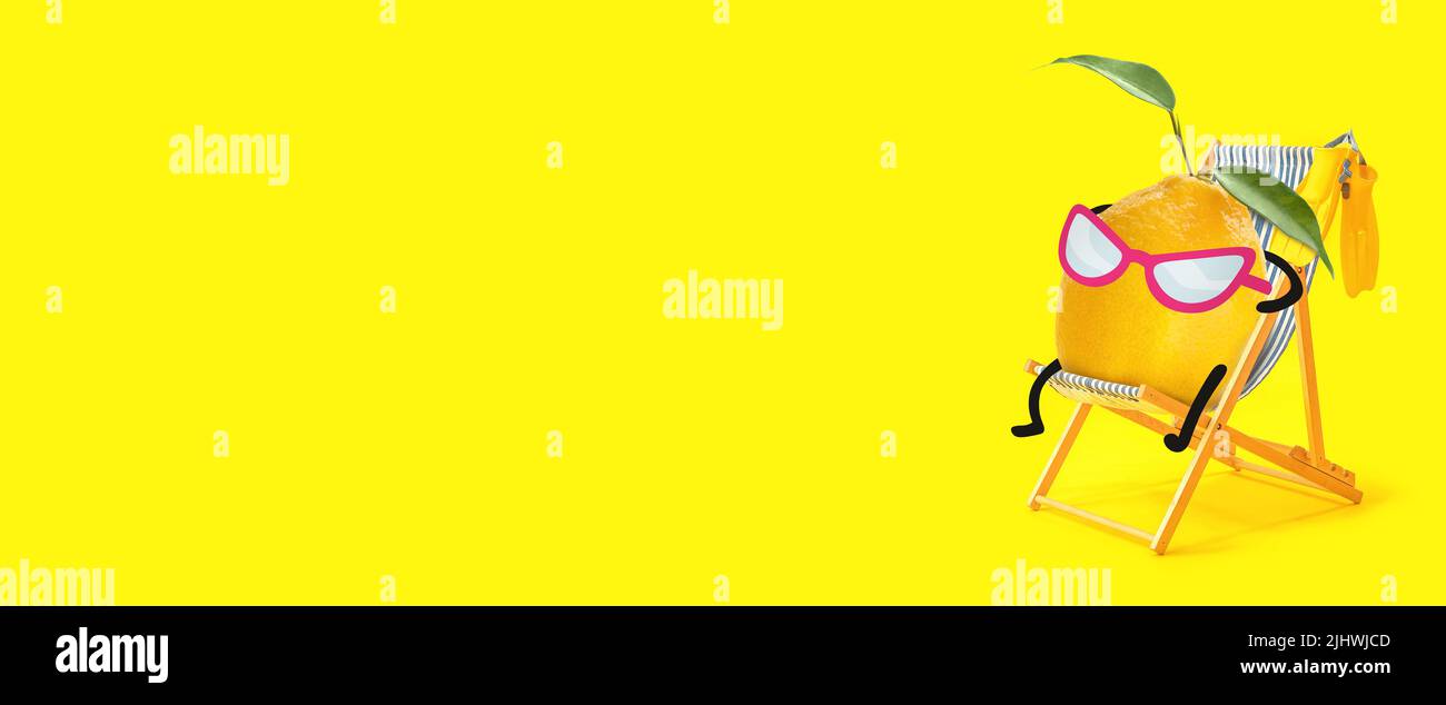 Funny lemon relaxing on deck chair against yellow background with space ...