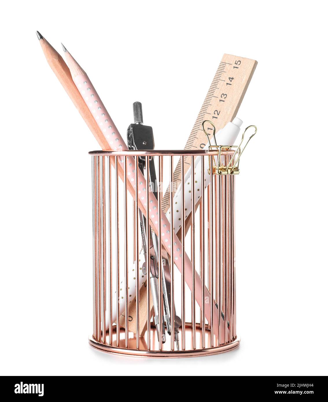 Stylish holder with different stationery on white background Stock ...