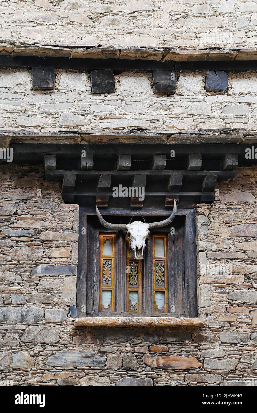 Tibetan window with yak skull Stock Photo - Alamy