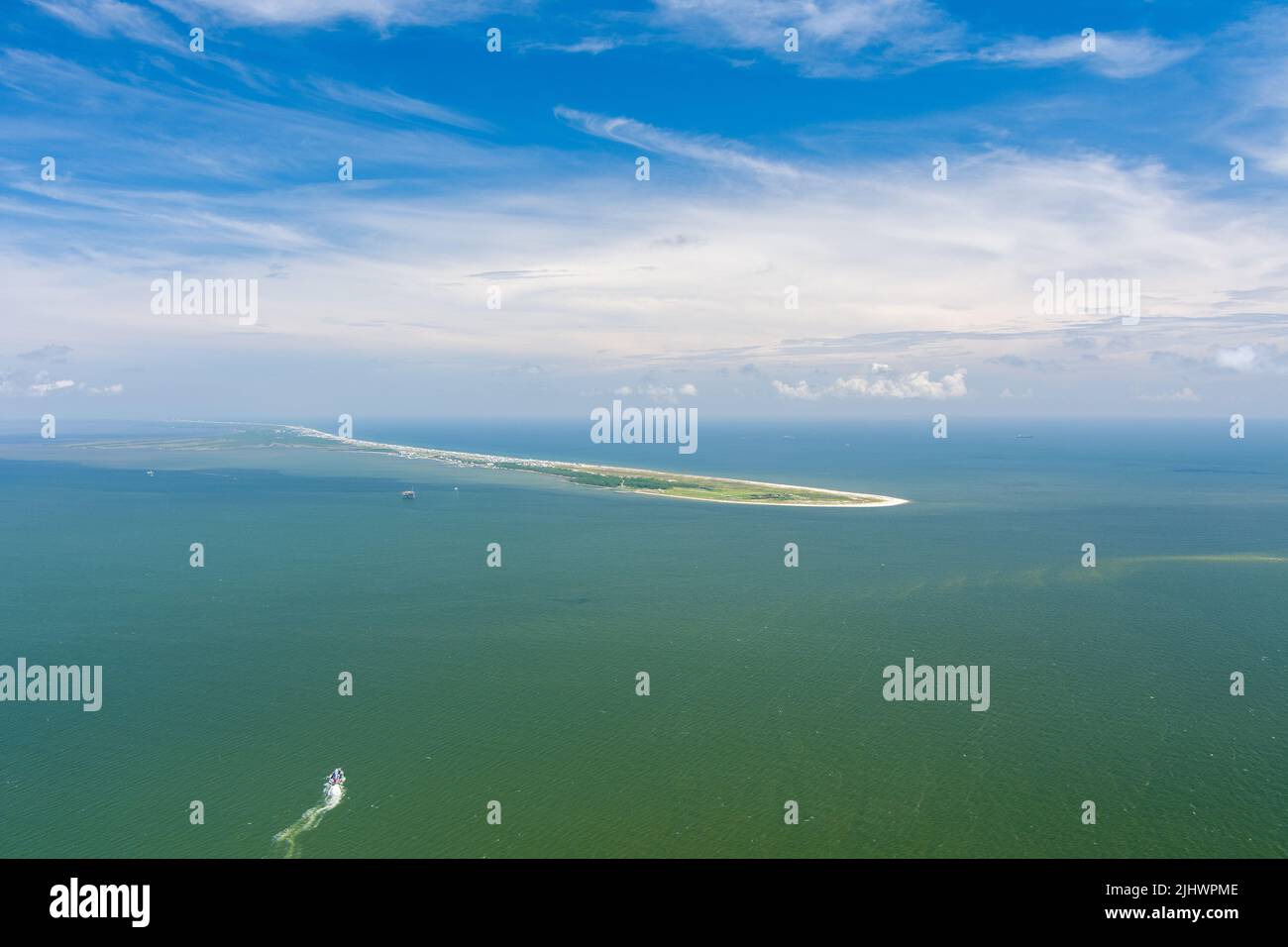 Aerial view of Fort Morgan, Alabama and the Gulf of Mexico at the mouth ...