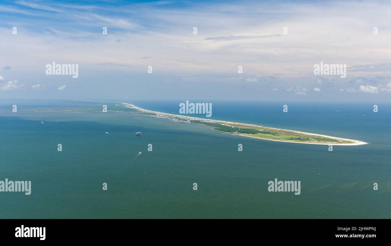 Aerial view of Fort Morgan, Alabama and the Gulf of Mexico at the mouth ...
