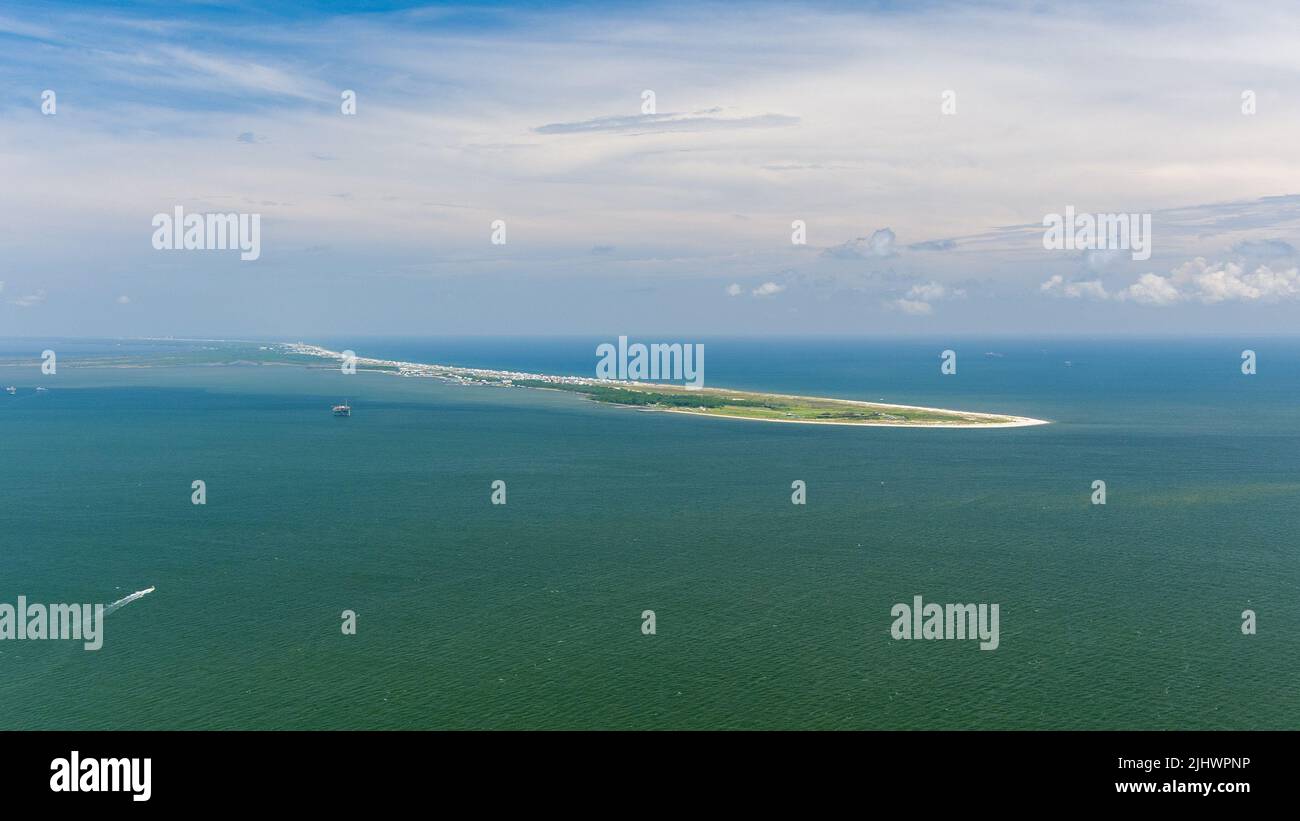 Aerial view of Fort Morgan, Alabama and the Gulf of Mexico at the mouth ...