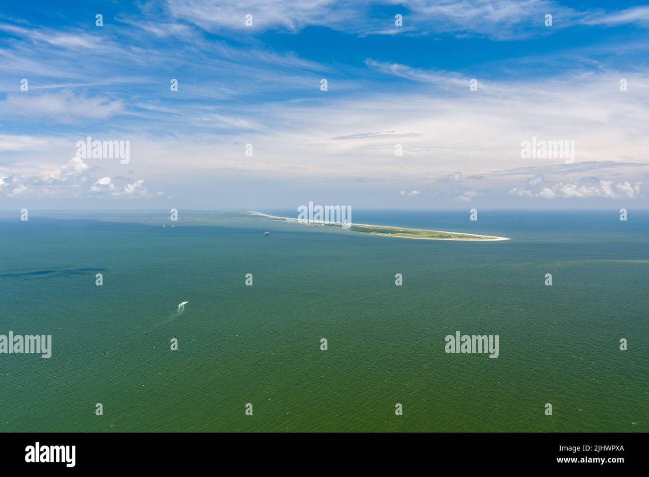 Aerial view of Fort Morgan, Alabama and the Gulf of Mexico at the mouth ...