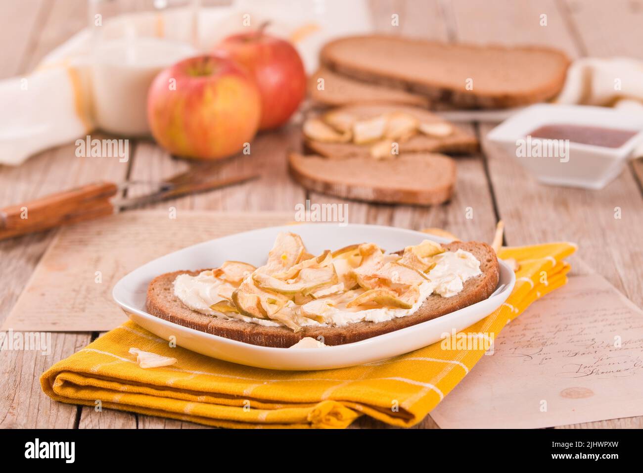 Rye bread with apple in crispy slices with skin Stock Photo - Alamy