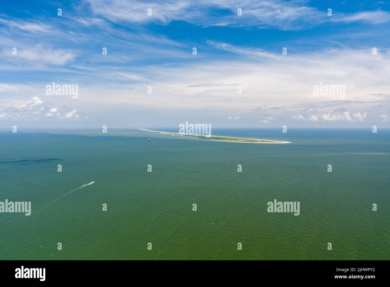Aerial view of Fort Morgan, Alabama and the Gulf of Mexico at the mouth ...