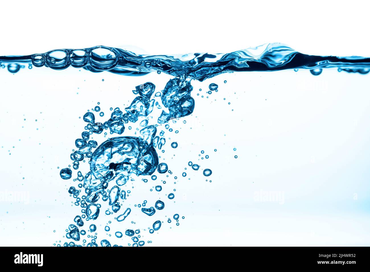 Blue water splash wave surface with bubbles of air. Isolated on a white ...