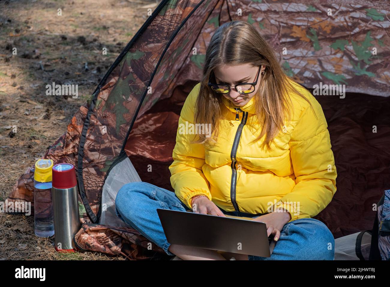 Distance learning online education and work. Woman girl working office ...