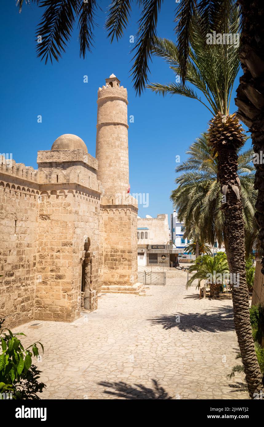 The main tower and the entrance to the Ribat of Sousse in Tunisia. The ...
