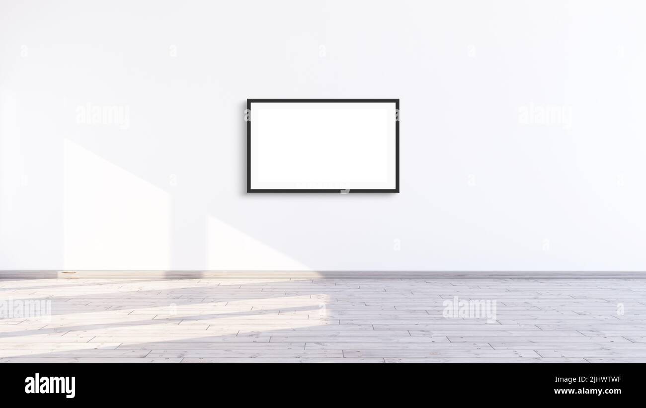 Empty horizontal black frame mock up in white interior room design with ...