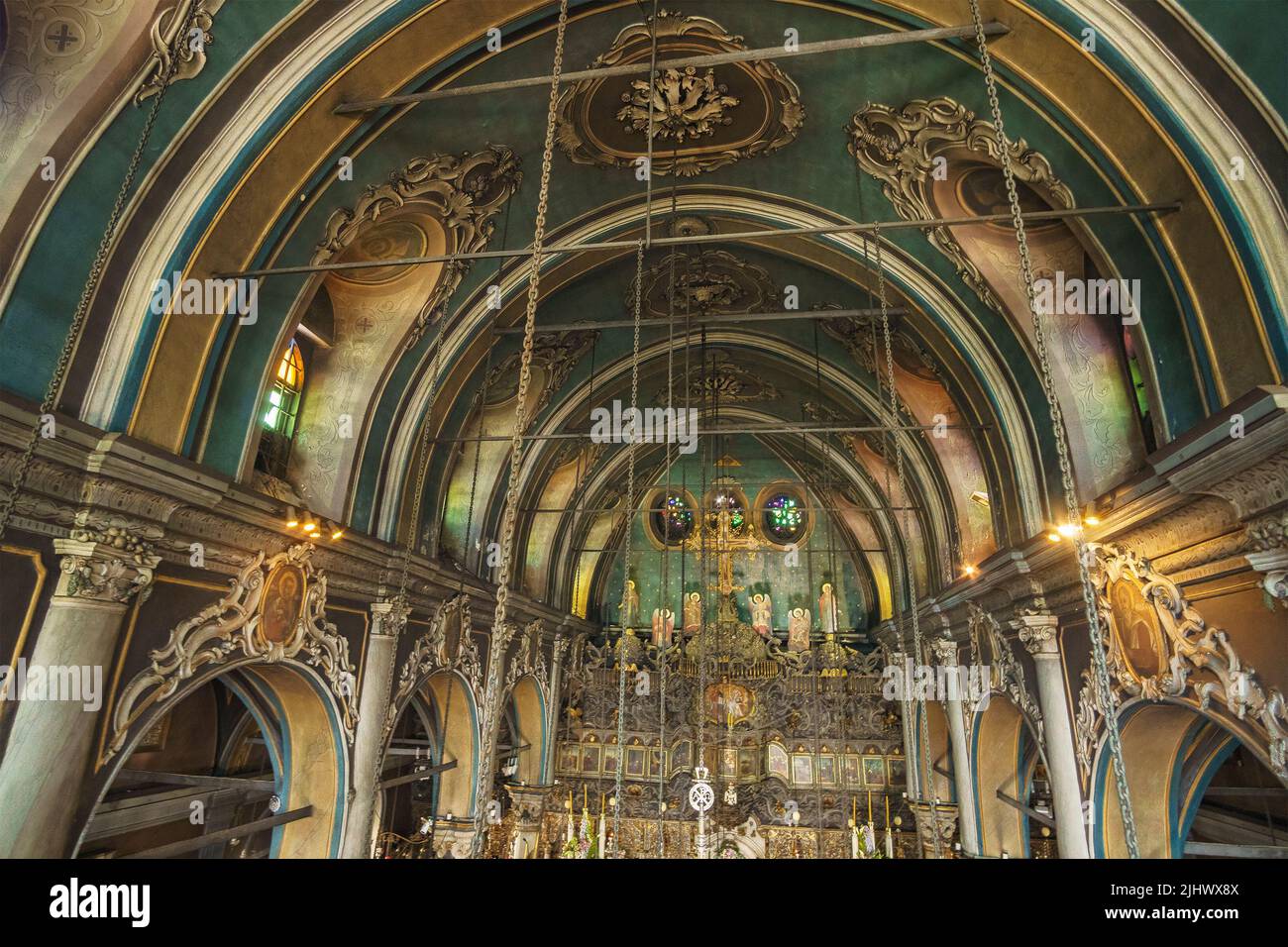 Interior view of Panagia Megalochari cathedral church (Virgin Mary) in Tinos island. It is the ...