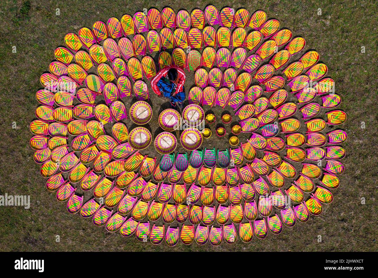 Colorful bamboo crafts, baskets, handicraft at a vibrant village fair ...