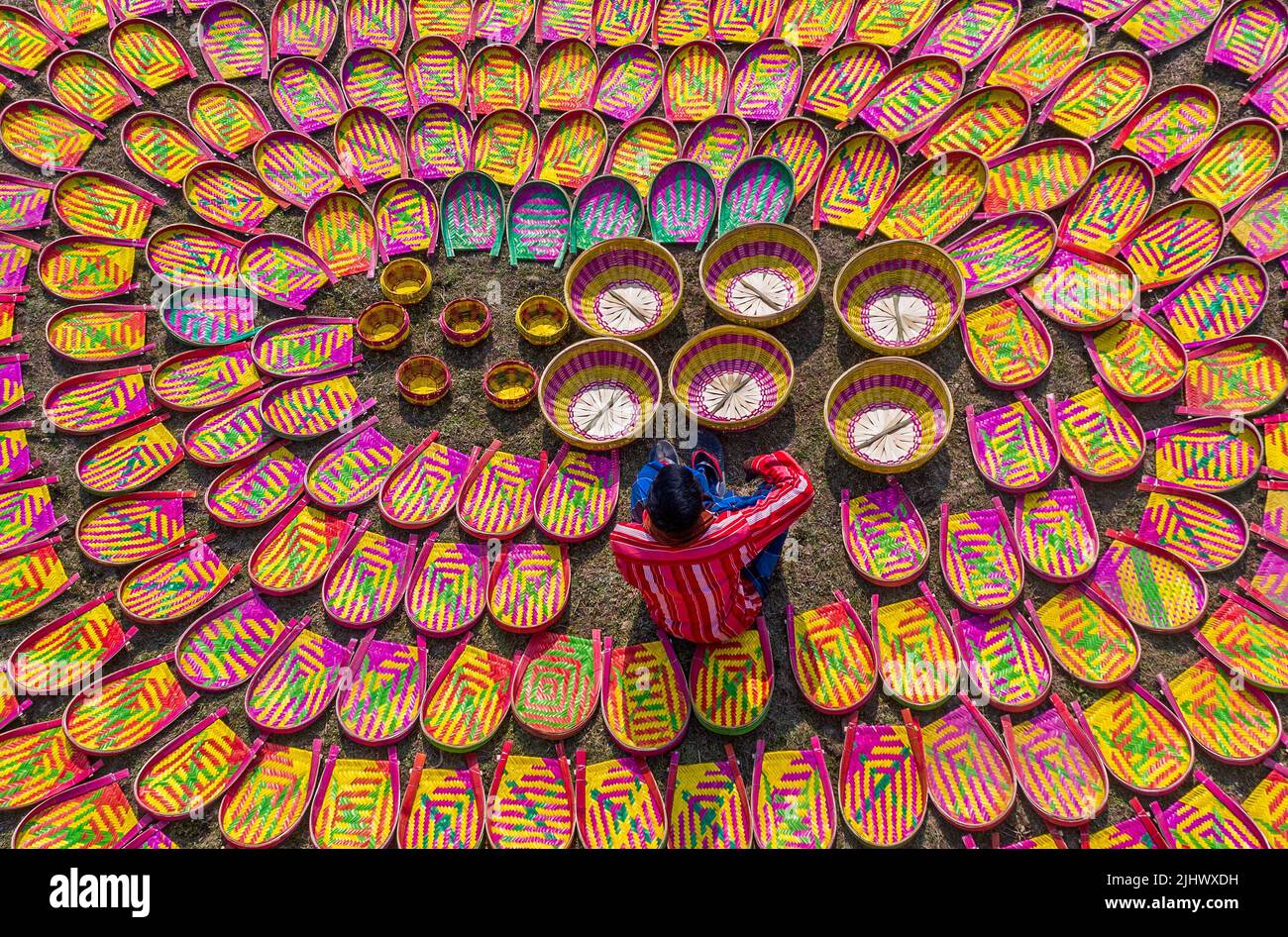 Colorful bamboo crafts, baskets, handicraft at a vibrant village fair ...