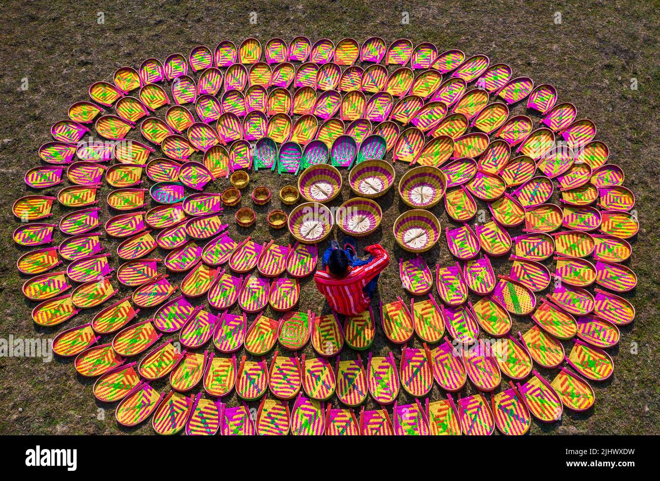 Colorful bamboo crafts, baskets, handicraft at a vibrant village fair ...