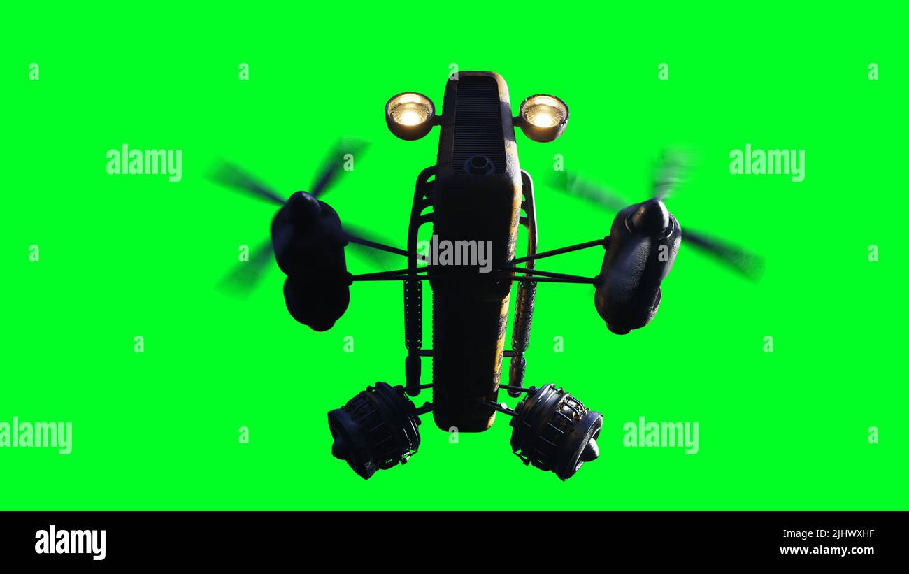 Futuristic cyberpunk flying car with girl. Green screen isolate. 3d ...