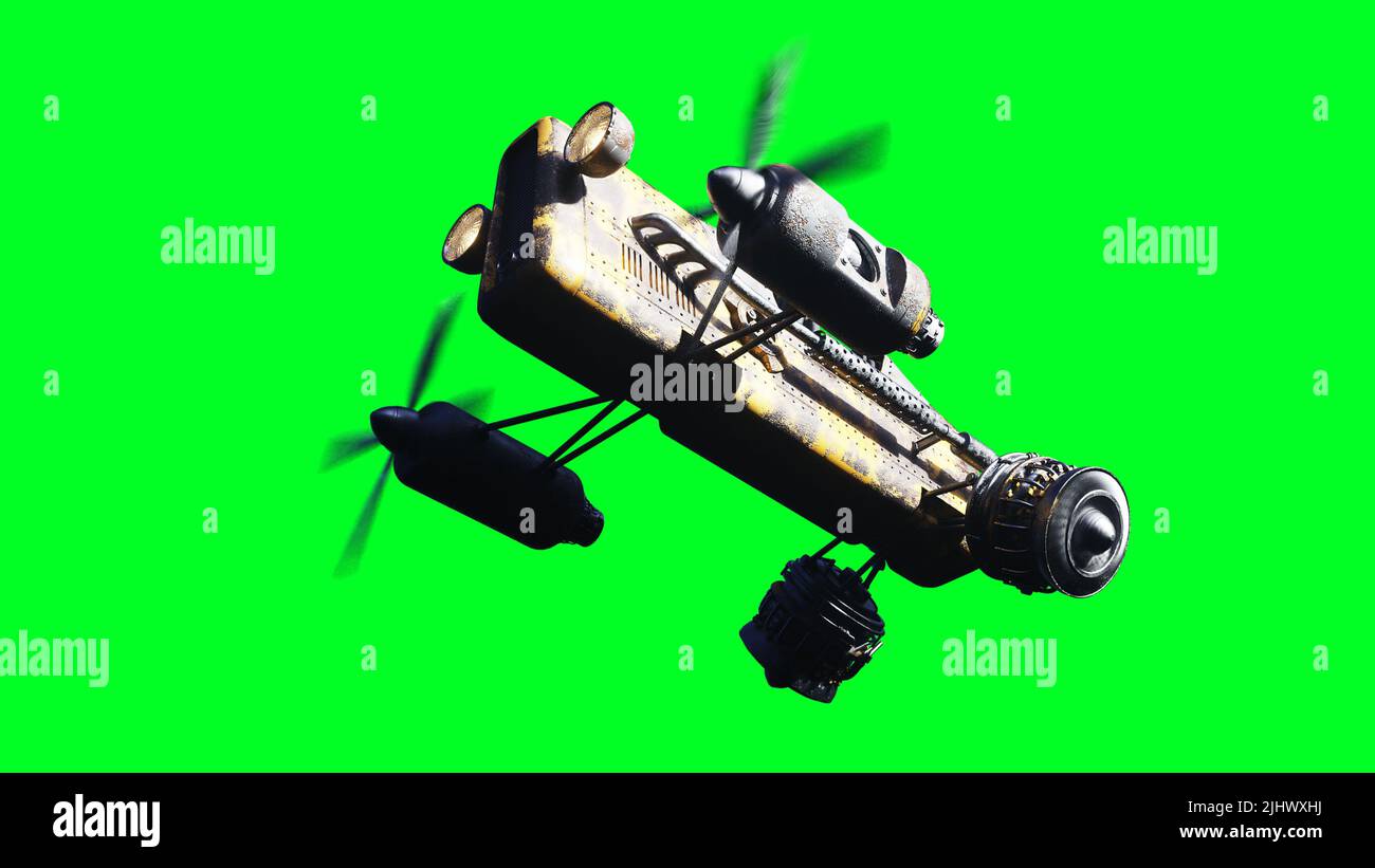 Futuristic cyberpunk flying car with girl. Green screen isolate. 3d ...