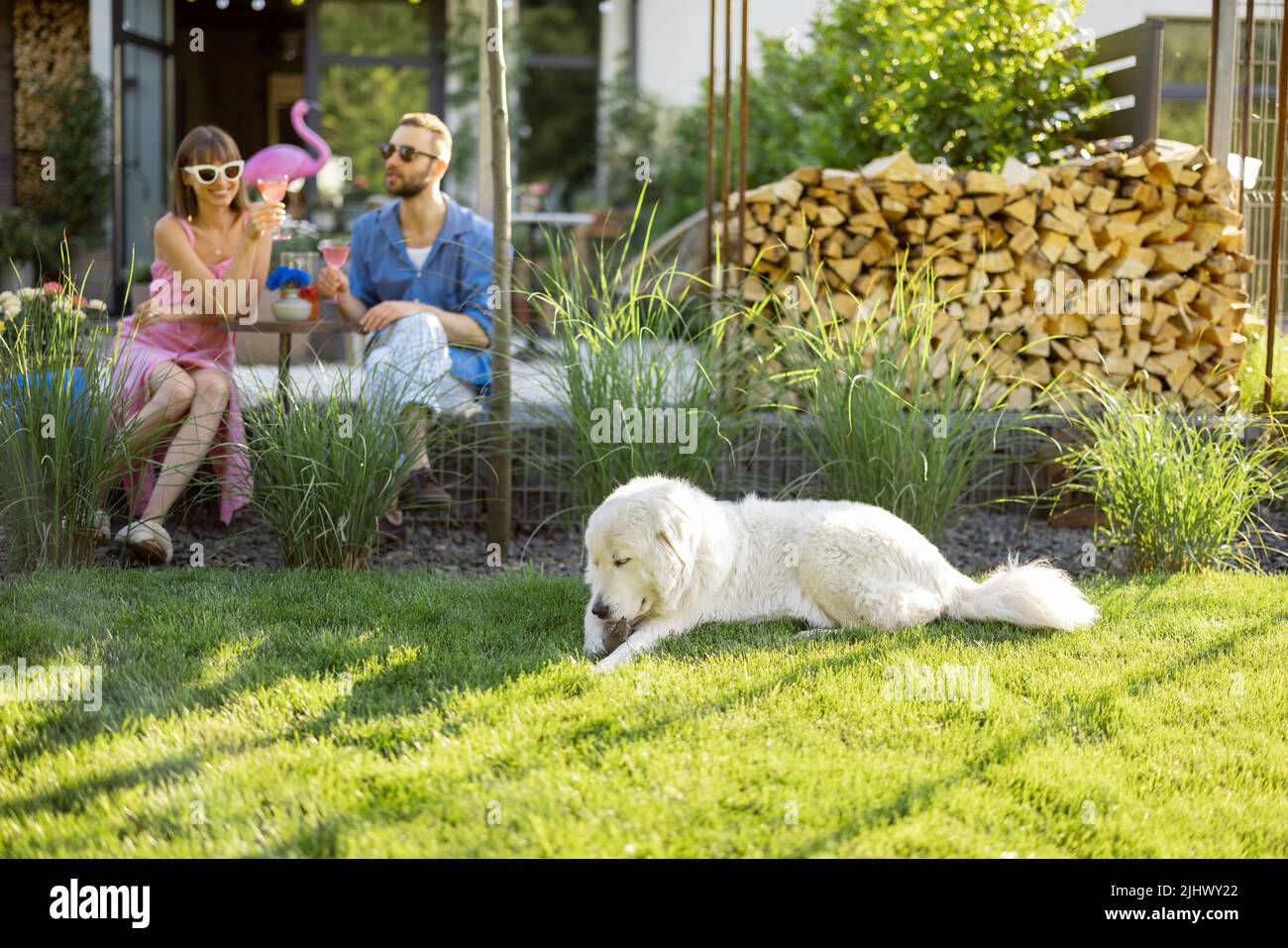 Stylish couple spend summer time with dog at the backyard Stock Photo ...