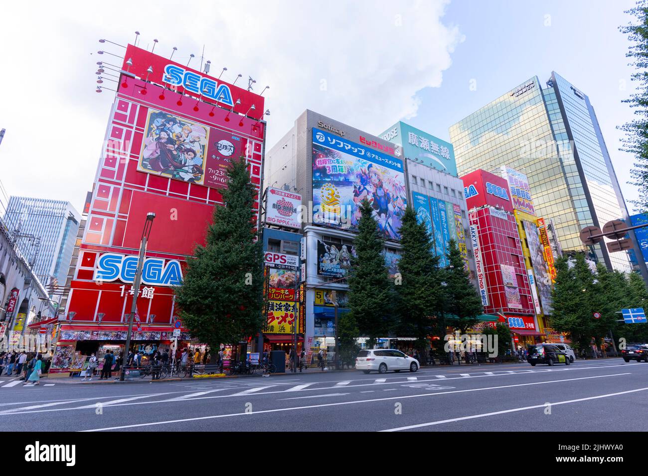 Akihabara, Japan- September 5, 2020: A line of colorful buildings line ...