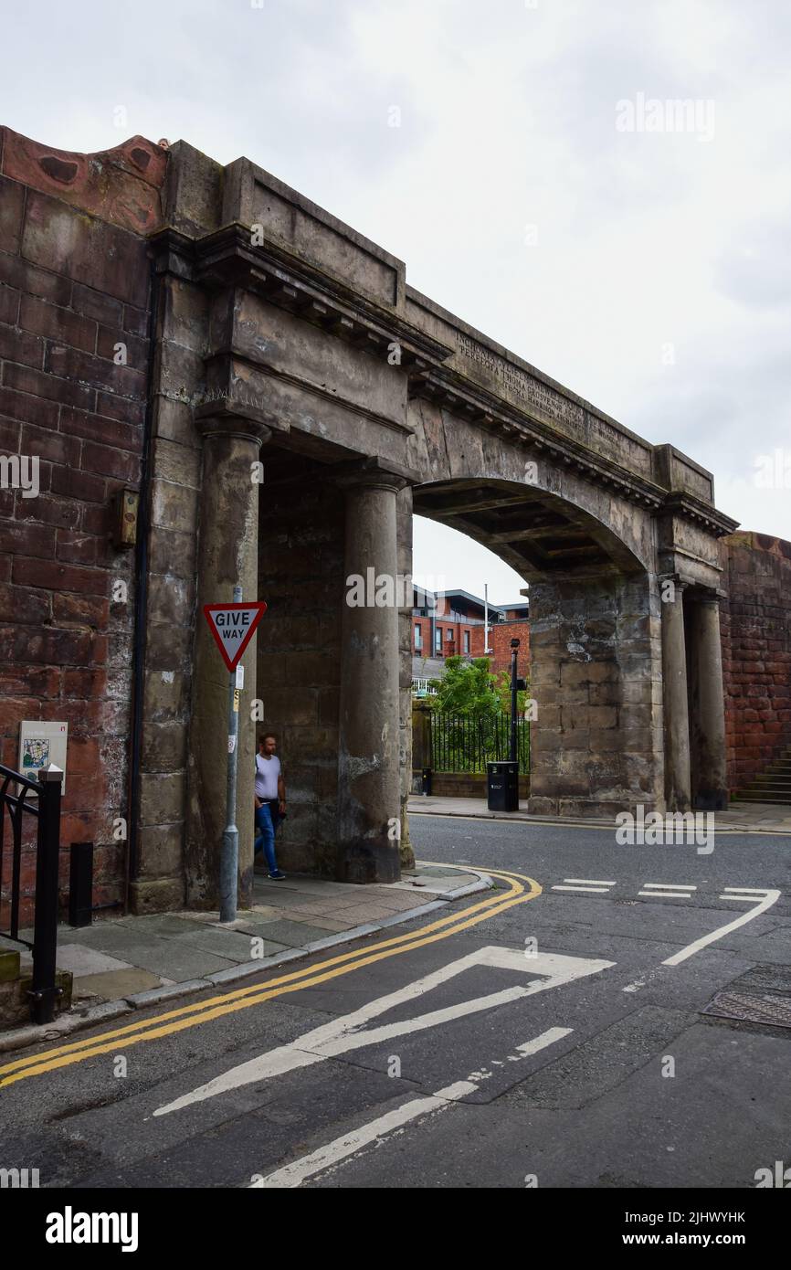 Chester, UK: Jul 3, 2022: The Northgate carries the footpath along the ...