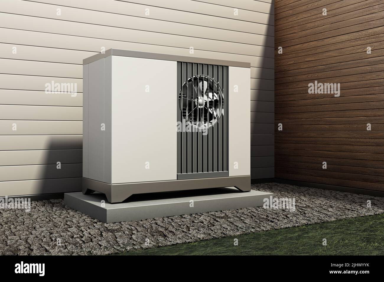 Air source heat pump standing outside the building Stock Photo - Alamy