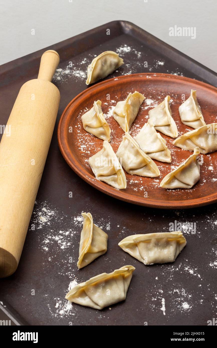 Raw gyoza dumplings on ceramic plate. Rolling pin and gyoza, on rusty ...