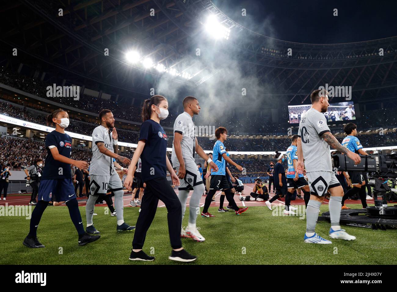 Tokyo, Japan. 20th July, 2022. (R to L) Lionel Messi, Kylian Mbappe ...