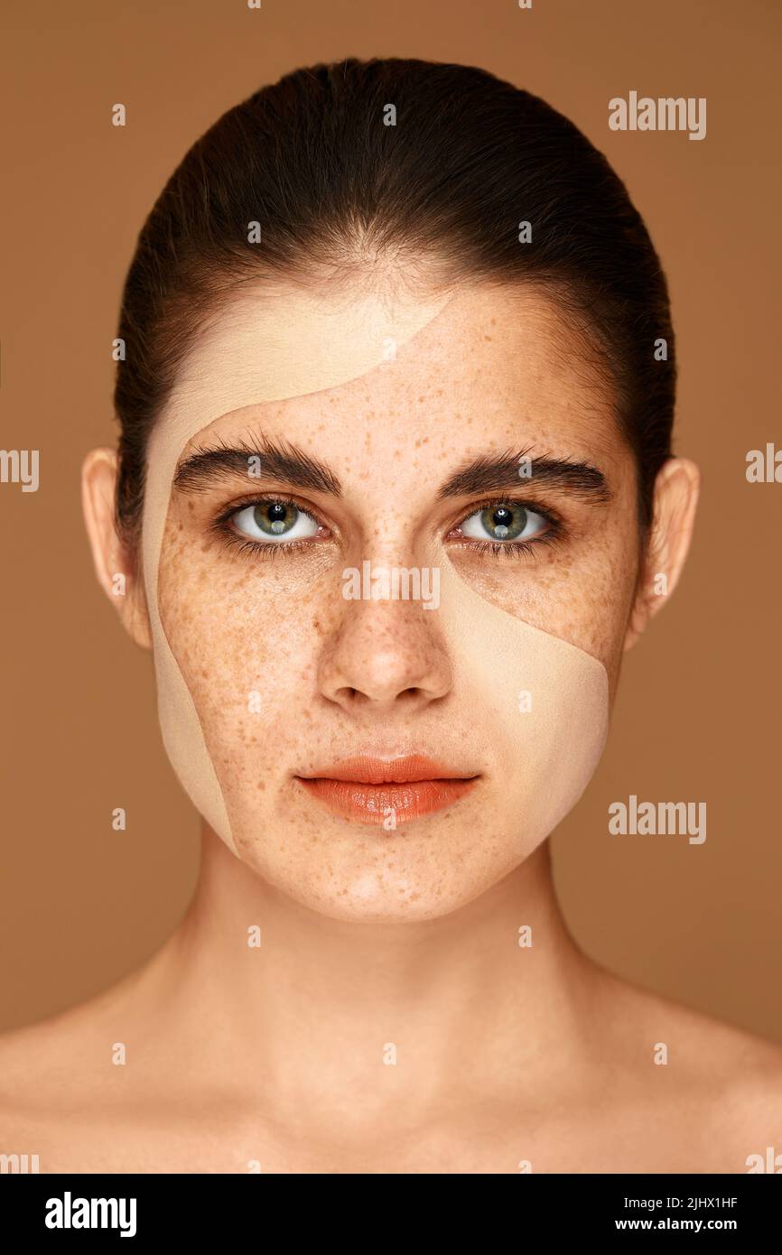 Portrait of beautiful woman with make-up on studio background Stock ...
