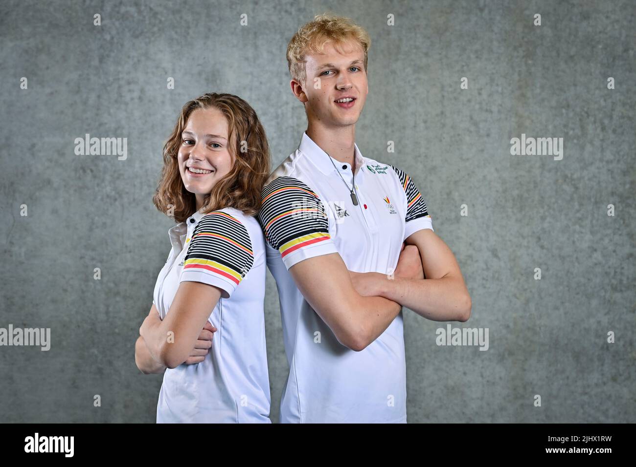 Zhen Verburgt and Lennert Beelaert pose during a team building exercise ...