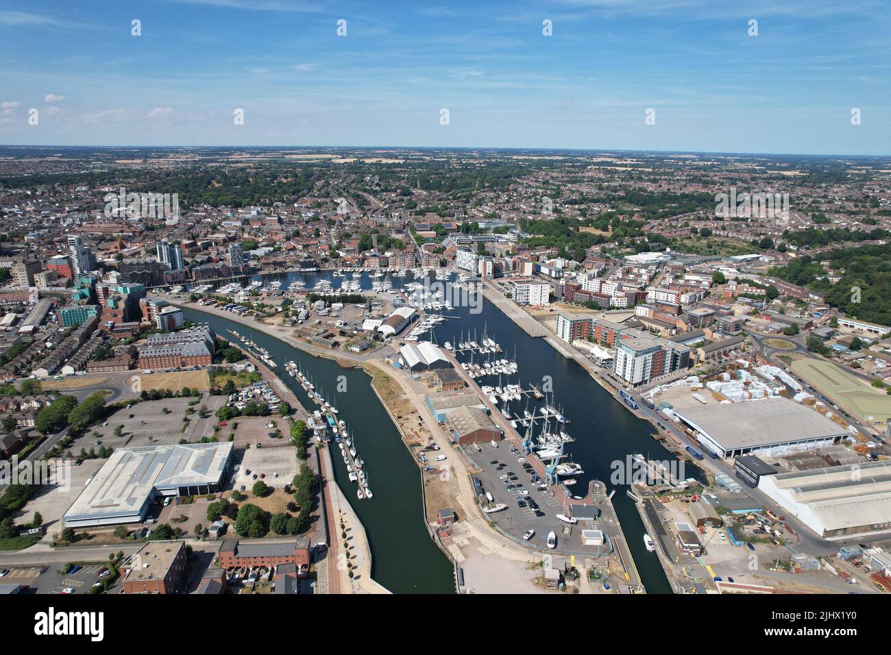 Ipswich Port marina and town Suffolk UK drone aerial view Stock Photo ...