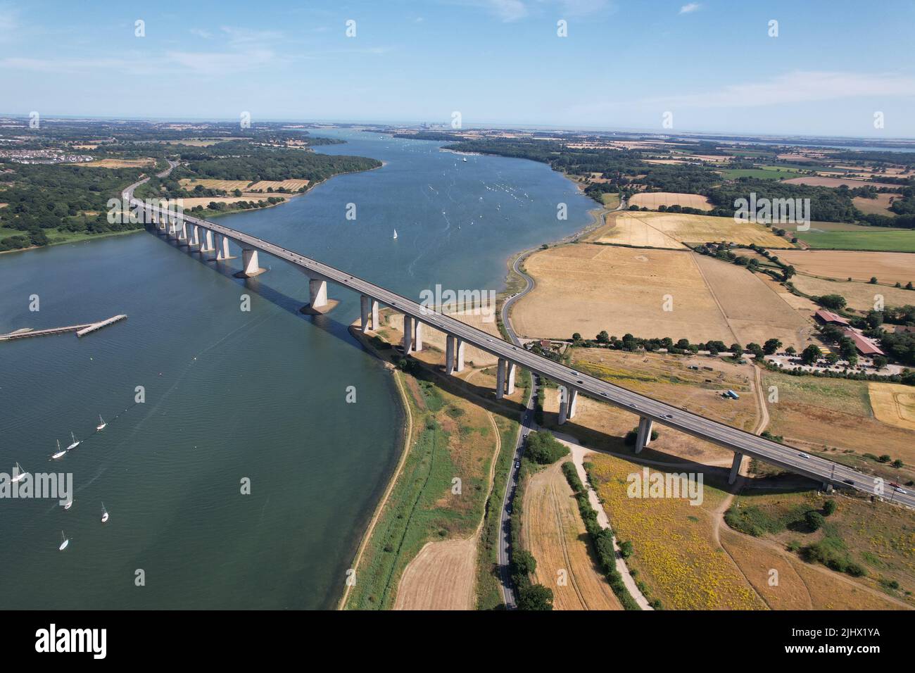 Orwell road bridge A14 highway Suffolk UK , drone aerial view Stock ...
