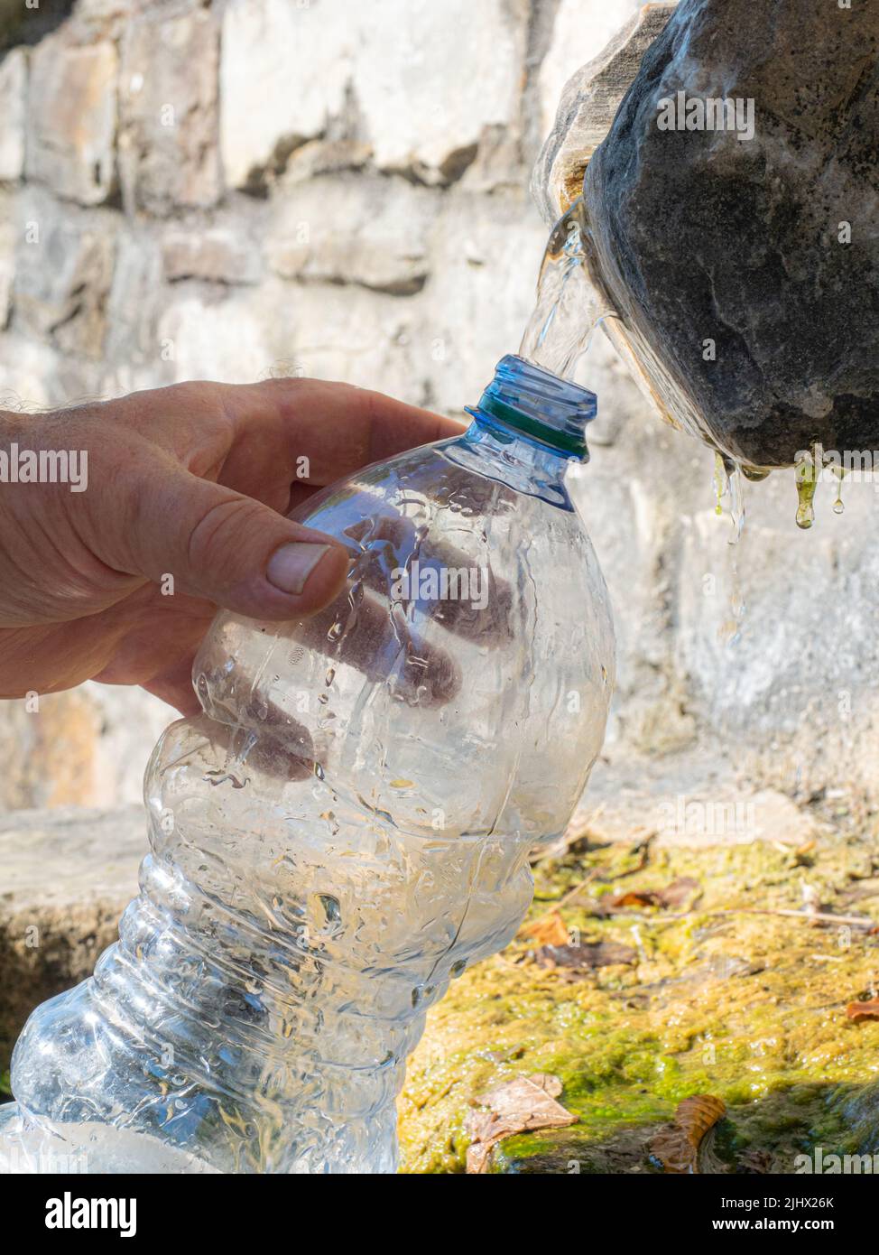 Drink spring water pouring in to bottle over sunlight and natural ...