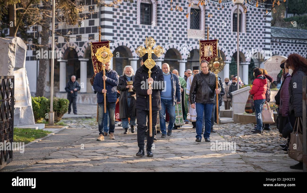 The people with crosses walking in Eastern Orthodox celebration of ...