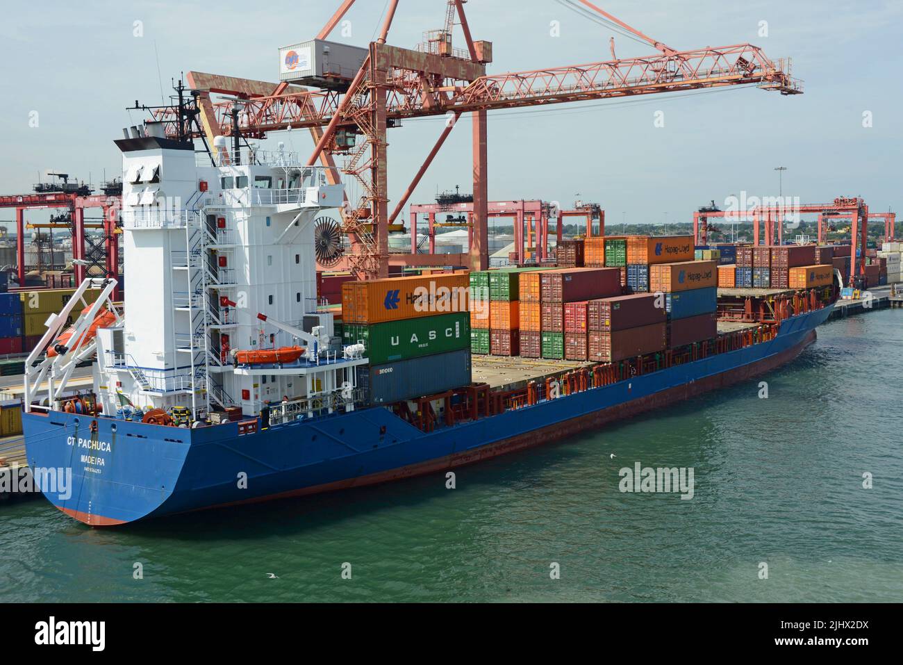 Container ship CT Pachua being unloaded in Dublin Port, Ireland, July ...