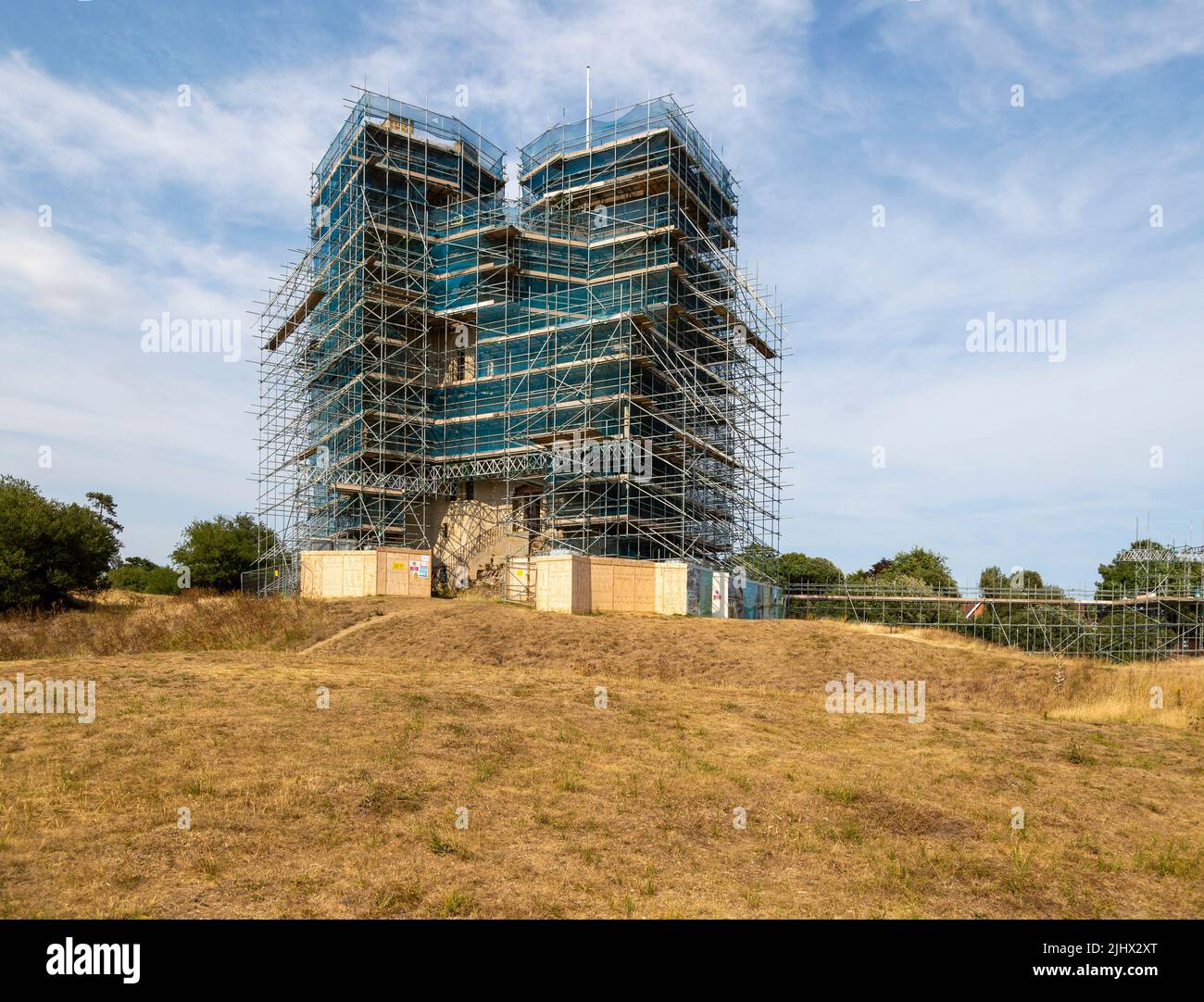 Orford Castle surrounded by scaffolding during restoration project by ...