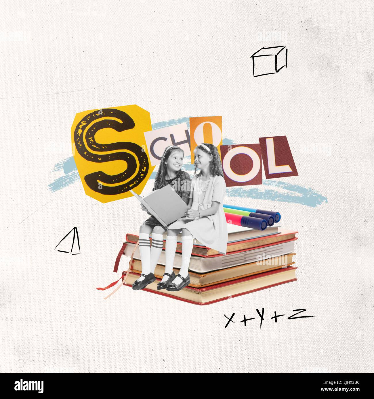 Back to school concept. Creative collage with happy preschool age girls ...