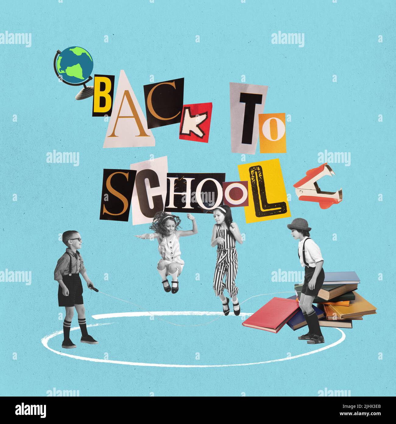 Contemporary collage with happy kids, pupils playing isolated on blue ...