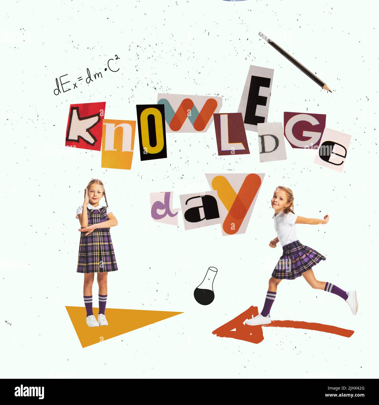 Contemporary collage with happy little girls, pupils isolated on light ...