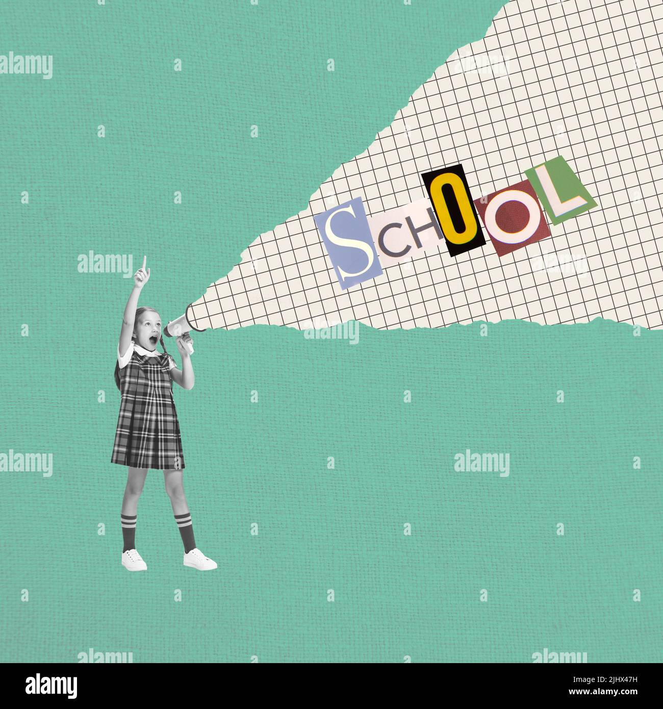 Back to school concept. Creative collage with school age girl shouting ...
