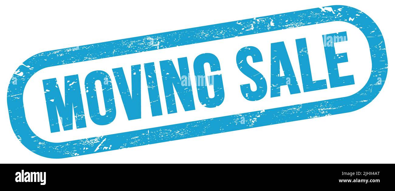 MOVING SALE, text on blue rectangle stamp sign Stock Photo - Alamy