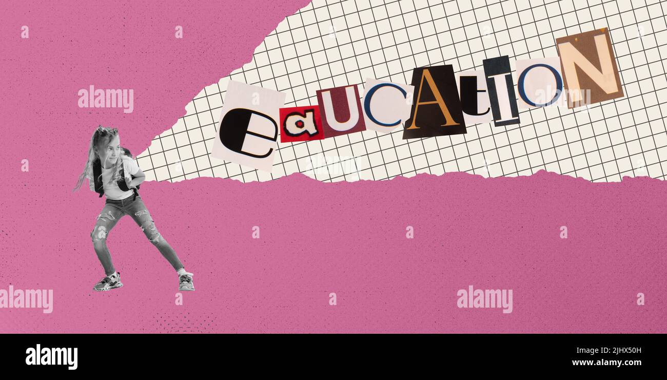 Back to school concept. Creative collage with school age girl running ...