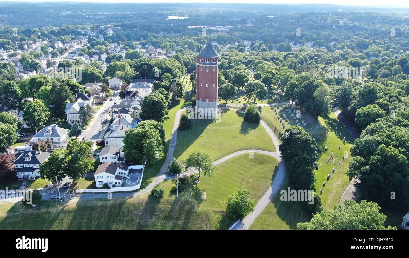 Aerial view of High Service Water Tower and Reservoir in city of ...