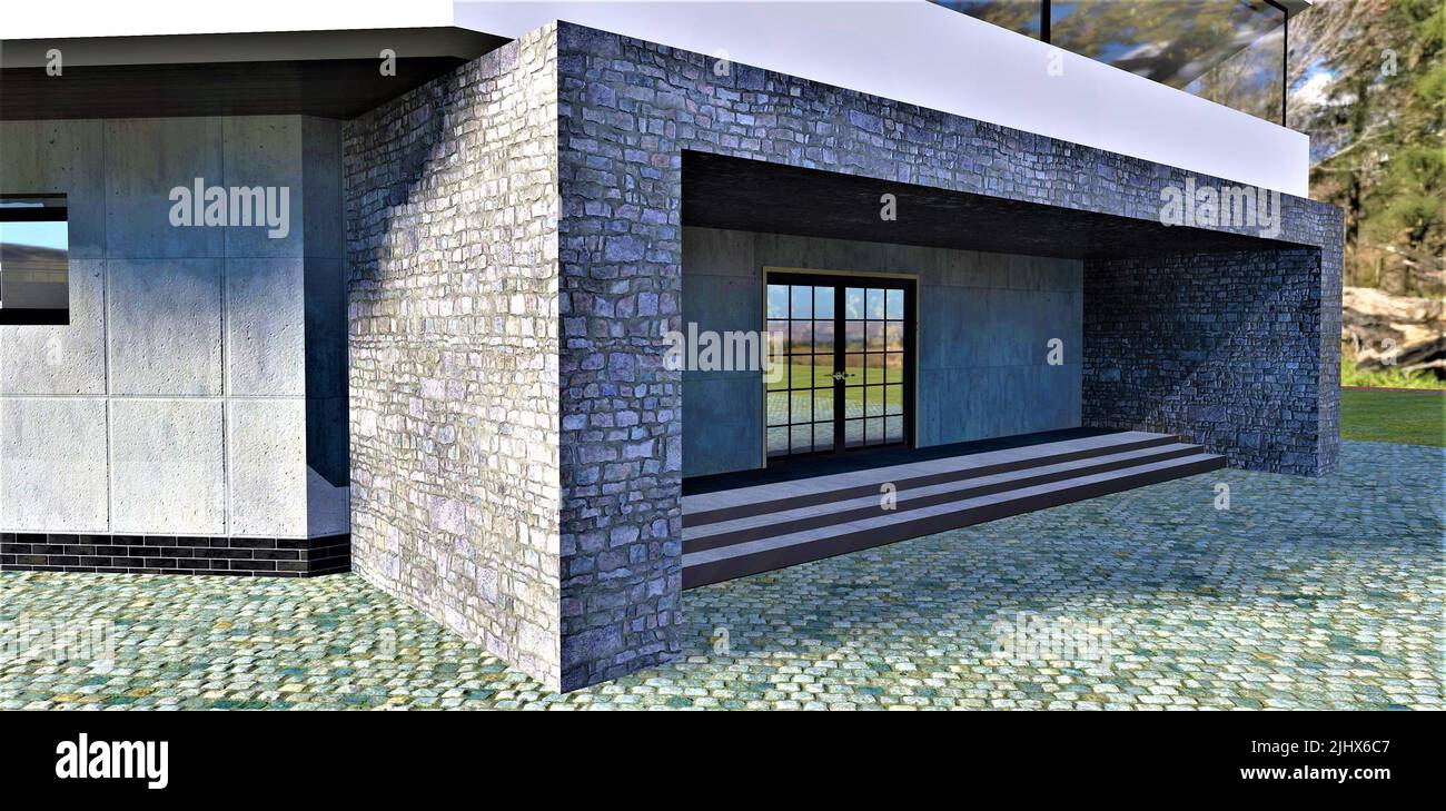 Entrance to a conceptual high-tech house. Square flat porch shape. Gray ...
